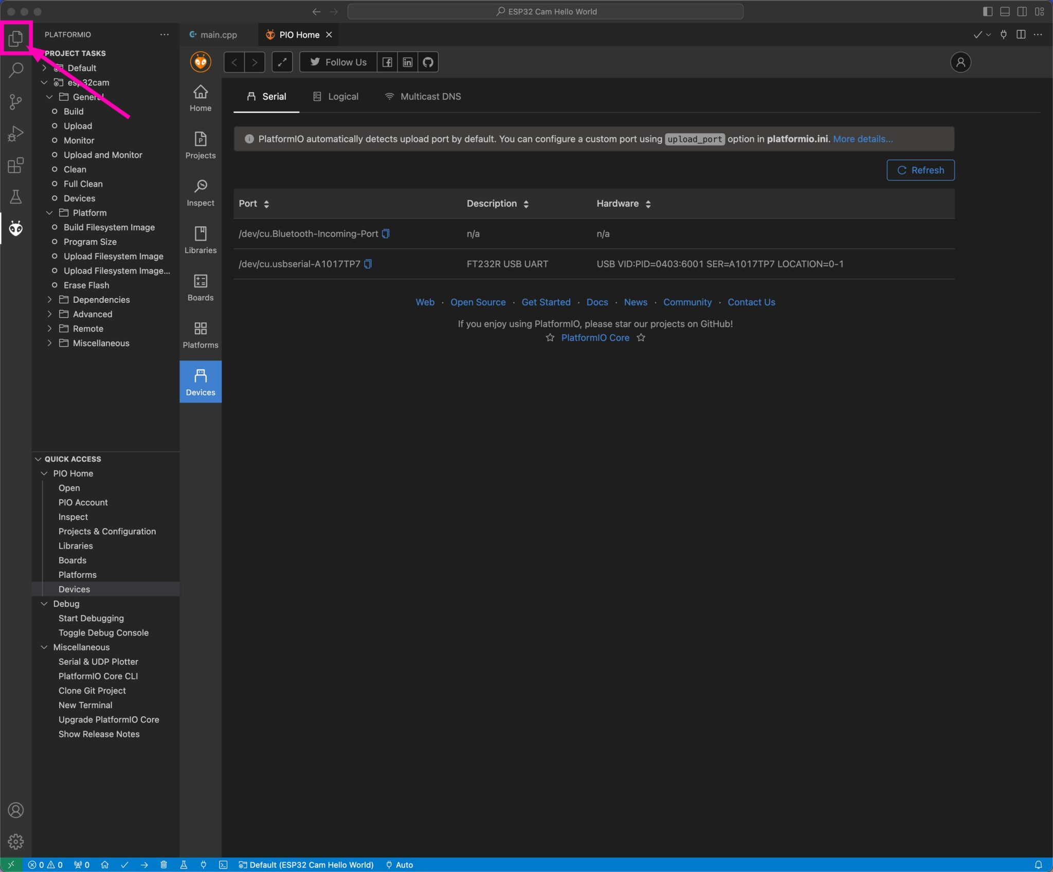 ESP32 Cam + PlatformIO: How to Upload Your First Program Code